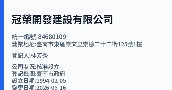 冠榮開發建設有限公司的照片-統編 84680109(臺南市) 公司登記資料與營業項目詳細圖表