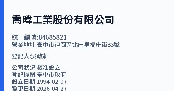 喬暐工業股份有限公司的照片-統編 84685821(臺中市) 公司登記資料與營業項目詳細圖表