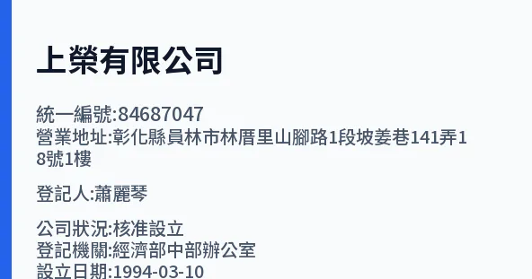 上榮有限公司的照片-統編 84687047(彰化縣) 公司登記資料與營業項目詳細圖表