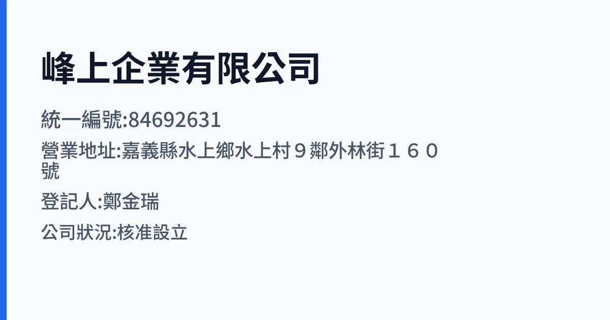 峰上企業有限公司 - 統編 84692631(嘉義縣) 公司登記資料與營業項目詳細圖表