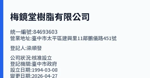 梅鏡堂樹脂有限公司的照片-統編 84693603(臺中市) 公司登記資料與營業項目詳細圖表