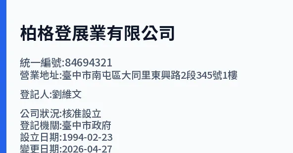 柏格登展業有限公司的照片-統編 84694321(臺中市) 公司登記資料與營業項目詳細圖表
