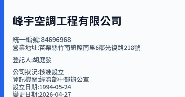 峰宇空調工程有限公司的照片-統編 84696968(苗栗縣) 公司登記資料與營業項目詳細圖表