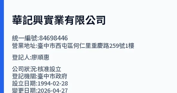 華記興實業有限公司的照片-統編 84698446(臺中市) 公司登記資料與營業項目詳細圖表