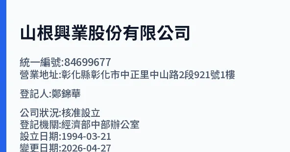 山根興業股份有限公司的照片-統編 84699677(彰化縣) 公司登記資料與營業項目詳細圖表