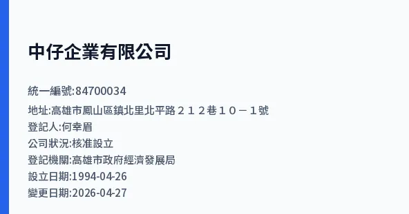 中仔企業有限公司的照片-統編 84700034(高雄市) 公司登記資料與營業項目詳細圖表