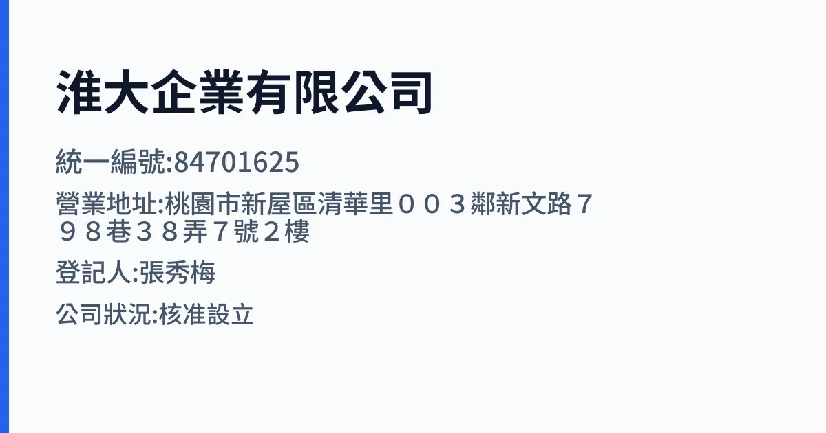 淮大企業有限公司 - 統編 84701625(桃園市) 公司登記資料與營業項目詳細圖表