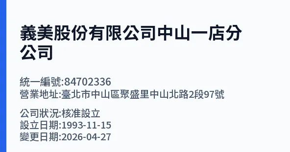 義美股份有限公司中山一店分公司的照片-統編 84702336(臺北市) 公司登記資料與營業項目詳細圖表