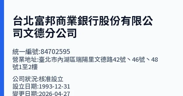 台北富邦商業銀行股份有限公司文德分公司的照片-統編 84702595(臺北市) 公司登記資料與營業項目詳細圖表
