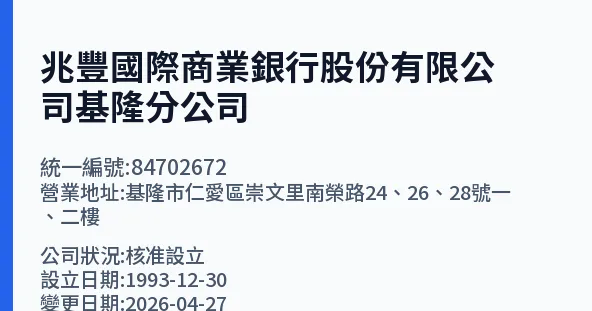兆豐國際商業銀行股份有限公司基隆分公司的照片-統編 84702672(基隆市) 公司登記資料與營業項目詳細圖表
