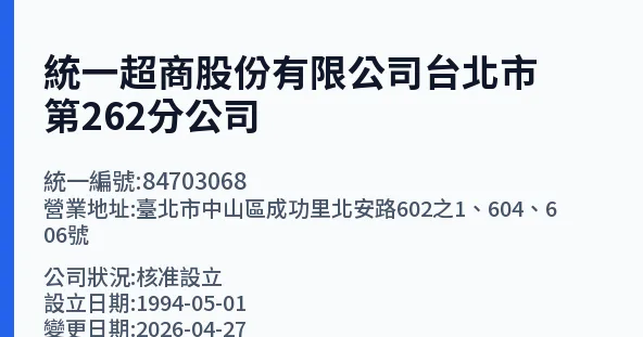 統一超商股份有限公司台北市第262分公司的照片-統編 84703068(臺北市) 公司登記資料與營業項目詳細圖表