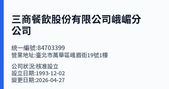 三商餐飲股份有限公司峨嵋分公司的照片-統編 84703399(臺北市) 公司登記資料與營業項目詳細圖表
