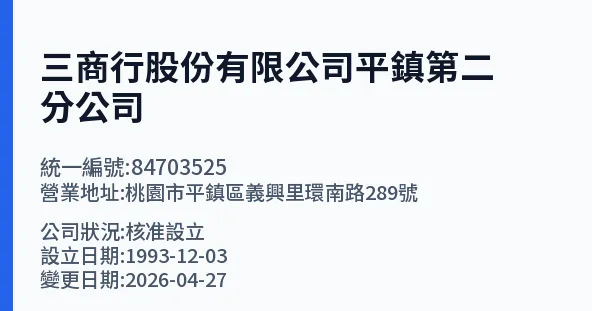 三商行股份有限公司平鎮第二分公司的照片-統編 84703525(桃園市) 公司登記資料與營業項目詳細圖表