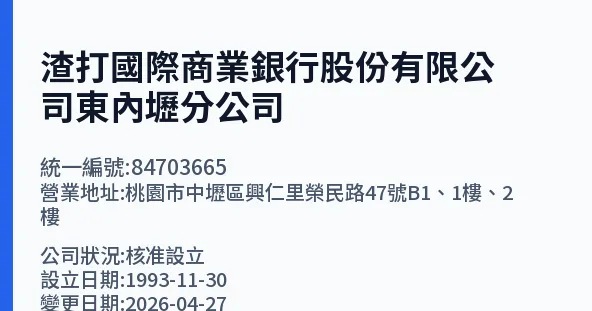 渣打國際商業銀行股份有限公司東內壢分公司的照片-統編 84703665(桃園市) 公司登記資料與營業項目詳細圖表