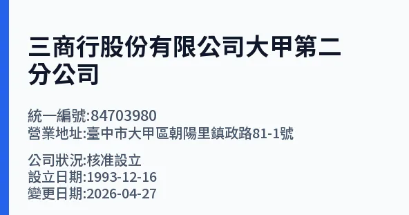三商行股份有限公司大甲第二分公司的照片-統編 84703980(臺中市) 公司登記資料與營業項目詳細圖表