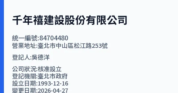 千年禧建設股份有限公司的照片-統編 84704480(臺北市) 公司登記資料與營業項目詳細圖表