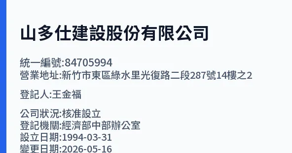 山多仕建設股份有限公司的照片-統編 84705994(新竹市) 公司登記資料與營業項目詳細圖表
