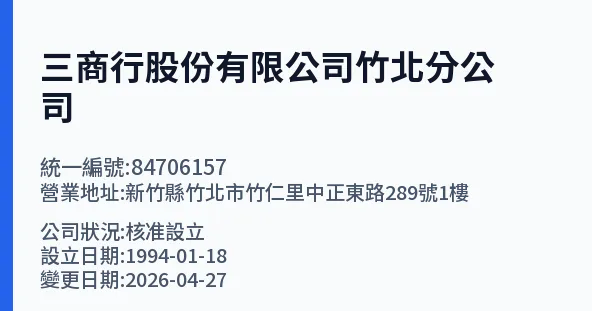 三商行股份有限公司竹北分公司的照片-統編 84706157(新竹縣) 公司登記資料與營業項目詳細圖表