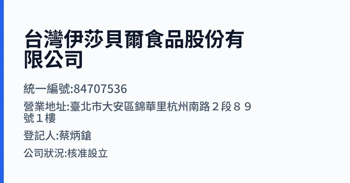 台灣伊莎貝爾食品股份有限公司 - 統編 84707536（臺北市） 公司登記資料與營業項目詳細圖表