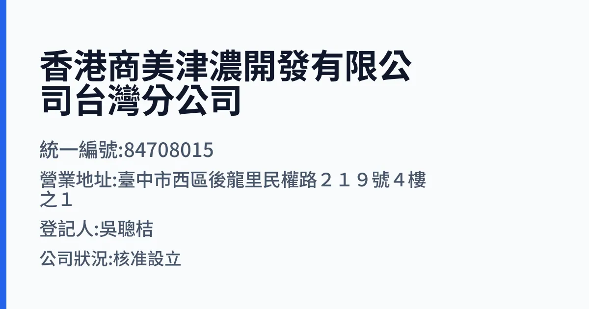 香港商美津濃開發有限公司台灣分公司 - 統編 84708015(臺中市) 公司登記資料與營業項目詳細圖表