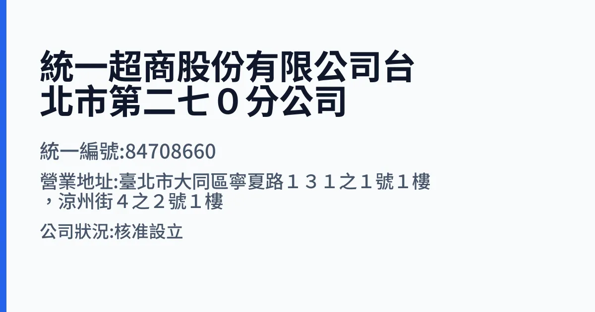 統一超商股份有限公司台北市第二七0分公司 - 統編 84708660(臺北市) 公司登記資料與營業項目詳細圖表