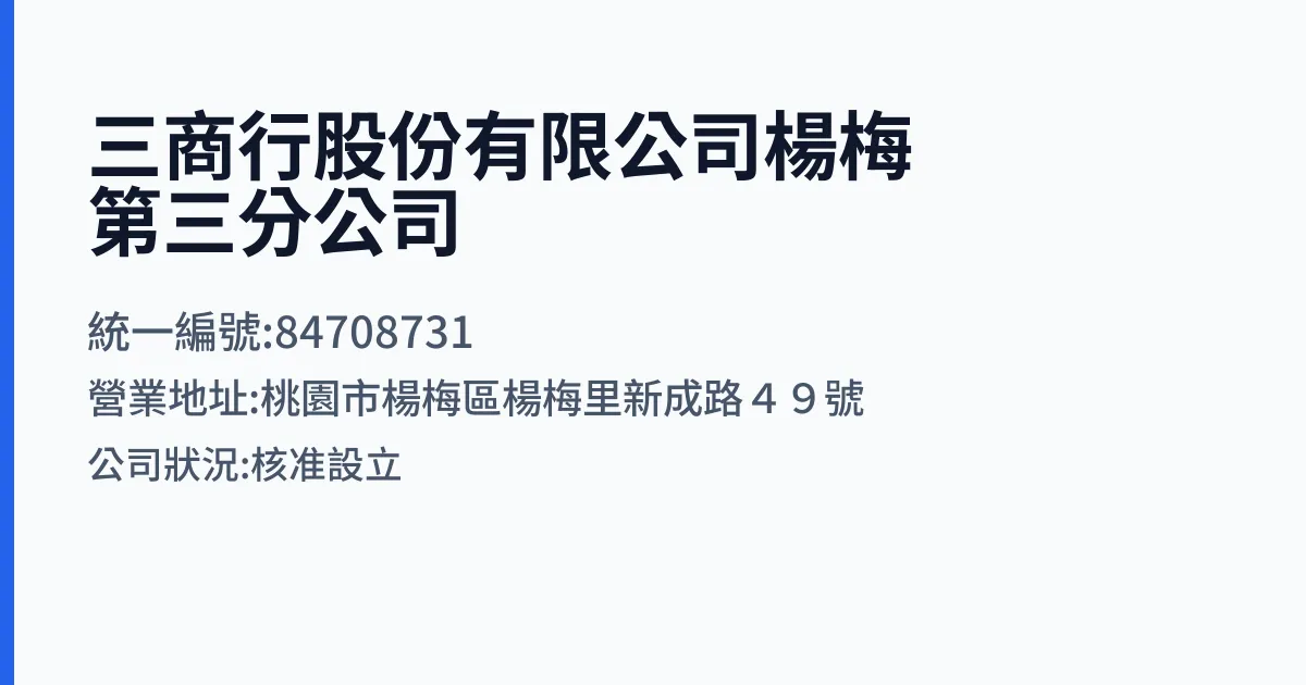 三商行股份有限公司楊梅第三分公司 - 統編 84708731(桃園市) 公司登記資料與營業項目詳細圖表