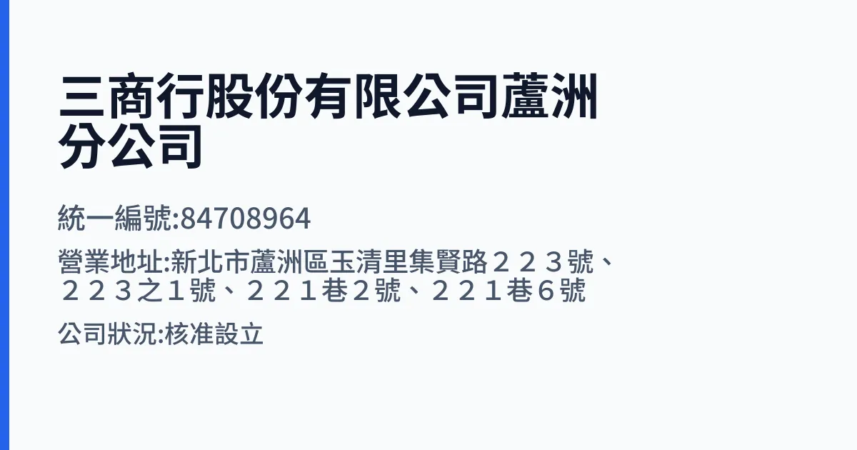 三商行股份有限公司蘆洲分公司 - 統編 84708964(新北市) 公司登記資料與營業項目詳細圖表