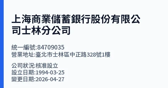 上海商業儲蓄銀行股份有限公司士林分公司的照片-統編 84709035(臺北市) 公司登記資料與營業項目詳細圖表