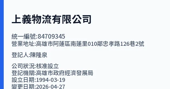 上義物流有限公司的照片-統編 84709345(高雄市) 公司登記資料與營業項目詳細圖表