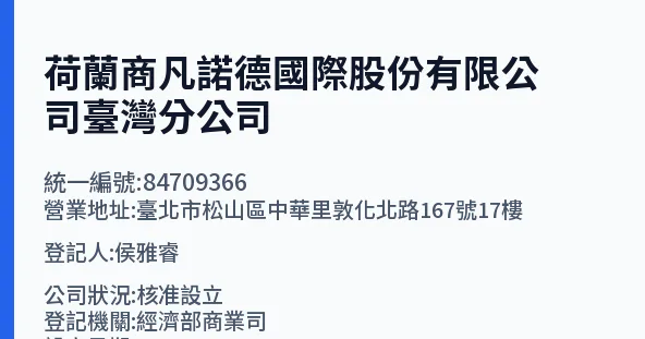 荷蘭商凡諾德國際股份有限公司臺灣分公司的照片-統編 84709366(臺北市) 公司登記資料與營業項目詳細圖表