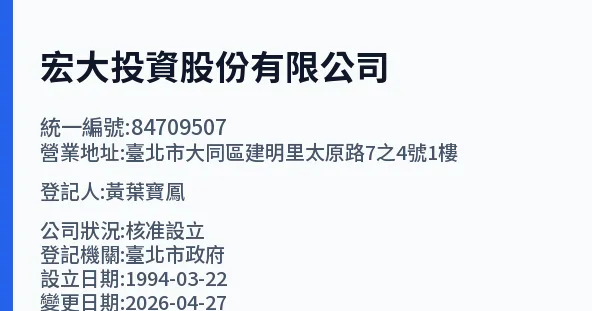 宏大投資股份有限公司的照片-統編 84709507(臺北市) 公司登記資料與營業項目詳細圖表