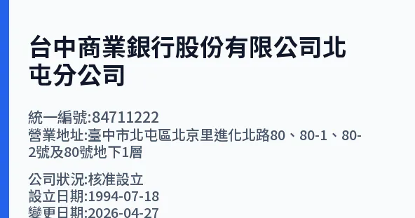 台中商業銀行股份有限公司北屯分公司的照片-統編 84711222(臺中市) 公司登記資料與營業項目詳細圖表