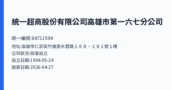 統一超商股份有限公司高雄市第一六七分公司的照片-統編 84711594(高雄市) 公司登記資料與營業項目詳細圖表