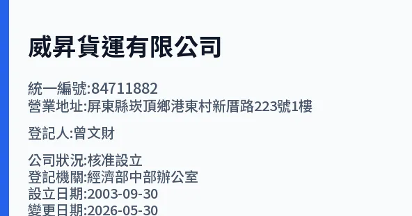 威昇貨運有限公司的照片-統編 84711882(屏東縣) 公司登記資料與營業項目詳細圖表