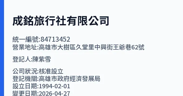 成銘旅行社有限公司的照片-統編 84713452(高雄市) 公司登記資料與營業項目詳細圖表