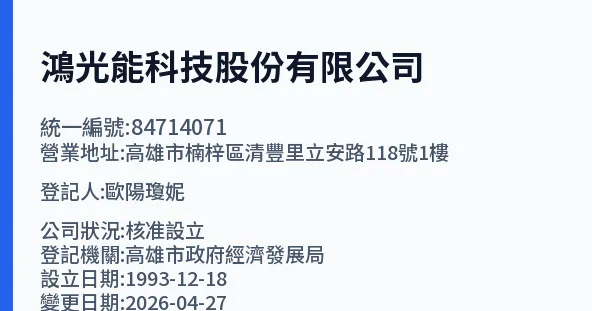 鴻光能科技股份有限公司的照片-統編 84714071(高雄市) 公司登記資料與營業項目詳細圖表