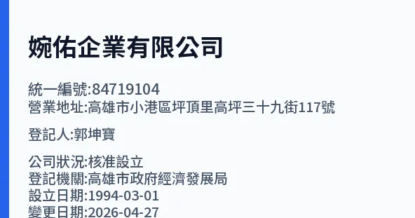 婉佑企業有限公司的照片-統編 84719104(高雄市) 公司登記資料與營業項目詳細圖表
