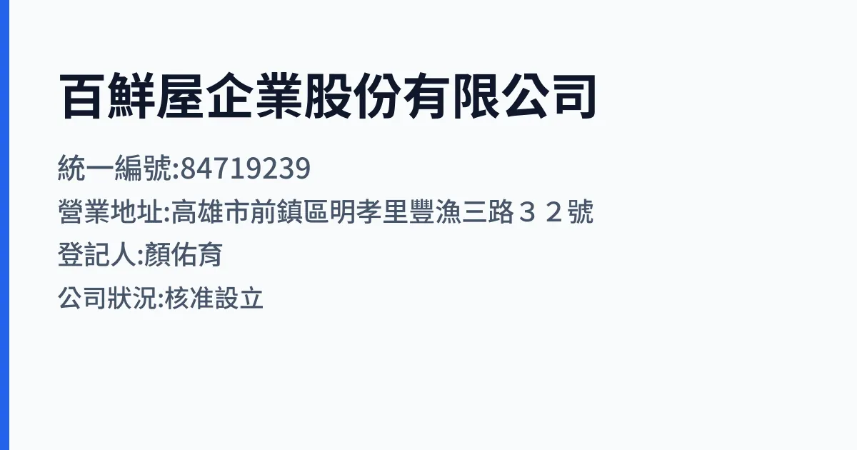 百鮮屋企業股份有限公司 - 統編 84719239(高雄市) 公司登記資料與營業項目詳細圖表