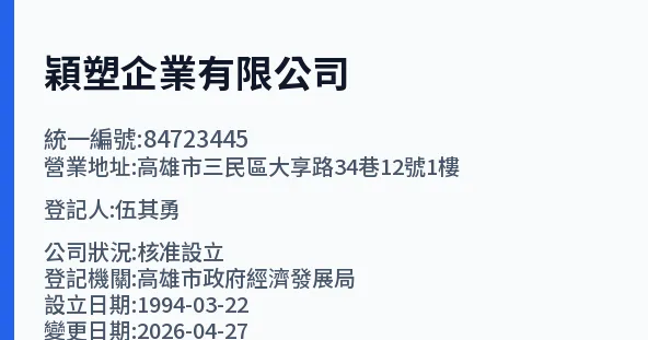 穎塑企業有限公司的照片-統編 84723445(高雄市) 公司登記資料與營業項目詳細圖表