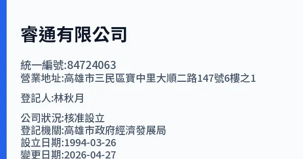 睿通有限公司的照片-統編 84724063(高雄市) 公司登記資料與營業項目詳細圖表