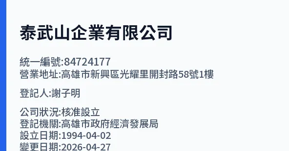 泰武山企業有限公司的照片-統編 84724177(高雄市) 公司登記資料與營業項目詳細圖表