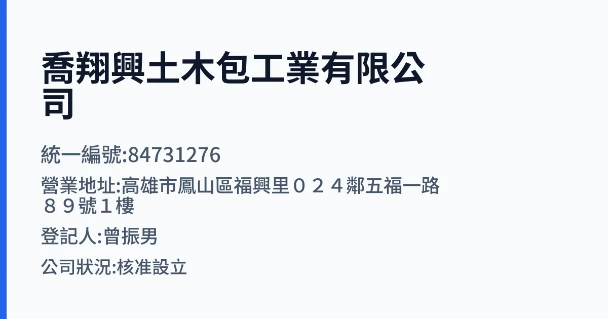 喬翔興土木包工業有限公司 - 統編 84731276(高雄市) 公司登記資料與營業項目詳細圖表