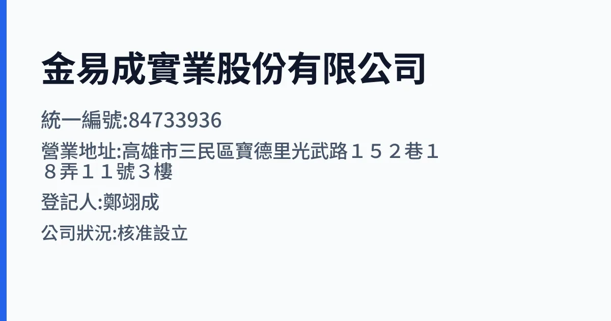 金易成實業股份有限公司 - 統編 84733936(高雄市) 公司登記資料與營業項目詳細圖表