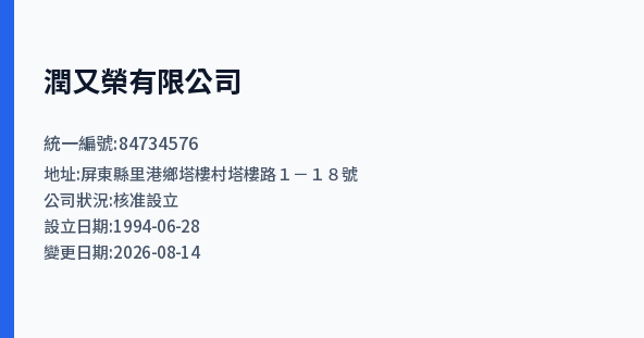 潤又榮有限公司的照片-統編 84734576 公司登記資料與營業項目詳細圖表