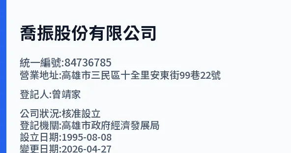 喬振股份有限公司的照片-統編 84736785(高雄市) 公司登記資料與營業項目詳細圖表