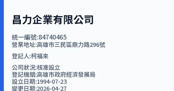 昌力企業有限公司的照片-統編 84740465(高雄市) 公司登記資料與營業項目詳細圖表