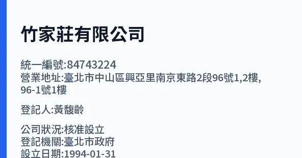 竹家莊有限公司的照片-統編 84743224(臺北市) 公司登記資料與營業項目詳細圖表