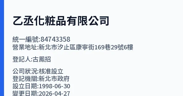 乙丞化粧品有限公司的照片-統編 84743358(新北市) 公司登記資料與營業項目詳細圖表