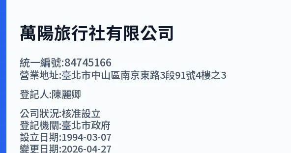萬陽旅行社有限公司的照片-統編 84745166(臺北市) 公司登記資料與營業項目詳細圖表
