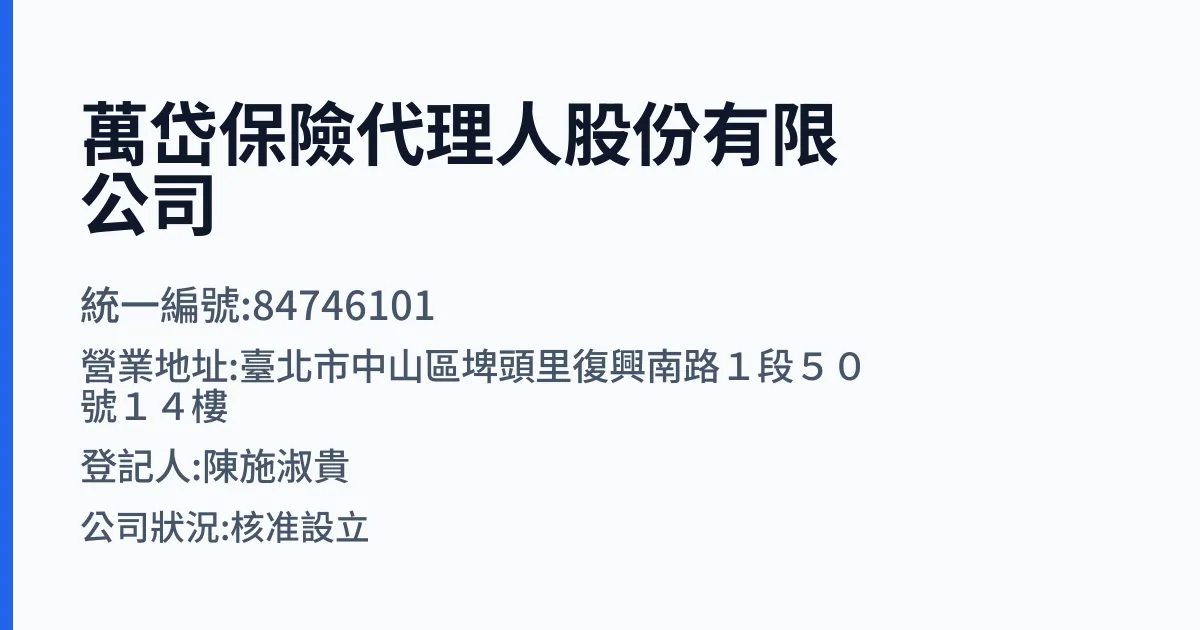 萬岱保險代理人股份有限公司 - 統編 84746101(臺北市) 公司登記資料與營業項目詳細圖表